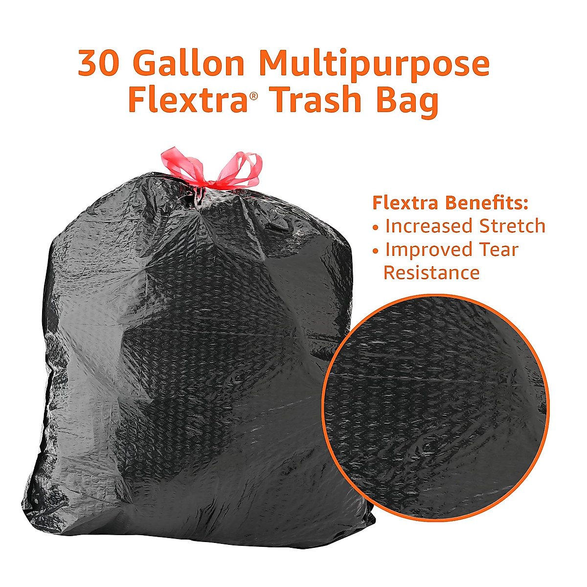 Amazon Basics Flextra Multipurpose Drawstring Trash Bags, 30 Gallon, 50 Count