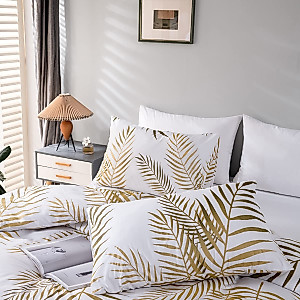 Megsv Leaves Duvet Cover Set Golden Tropical Leaf Comforter Cover with Pillow Sham Soft Bedding Set No Comforter (King)
