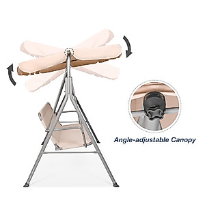 Vilobos Outdoor Patio Swing Chair, Porch Swing Bench with Adjustable Canopy&Duracble Metal Stand, Patio Swing Set for Backyard, Porch and Garden, Beige