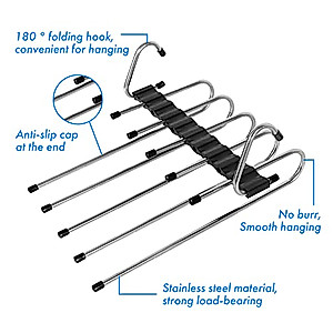 CozyCat Space Saving Pants Hanger, 2-Pack, 5-Layer Trouser Rack, Suitable for Wardrobe Storage, Stainless Steel Hanger, Non-Slip Layers, Suitable for Pants, Clothes, Scarves and Skirts