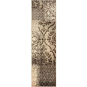 Superior Bristol Collection Area Rug, 8mm Pile Height with Jute Backing, Chic Geometric Damask Patchwork Design, Fashionable and Affordable Woven Rugs - 2'7" x 8' Runner, Beige & Brown
