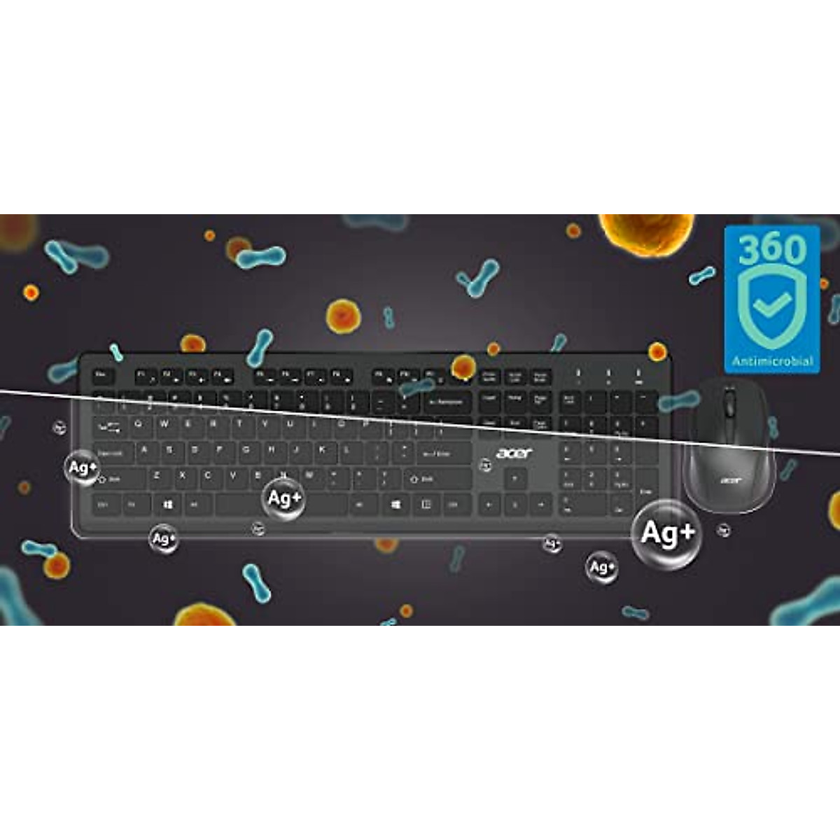 Acer Wireless Keyboard and Wireless Mouse Bundle | Fully Covered in a Silver Ion Antimicrobial* Body | Includes RF Wireless Optical Mouse, RF Wireless Keyboard and USB Receiver, (Pack of 1)