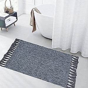 JE JOUE Boho Bathroom Rug 2'x3' Black，Hand Woven Tassel Solid Color Area Rug, Washable Bedroom Runner mat for Laundry Kitchen Outdoor Bathroom Dorm entryway