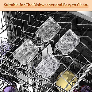 Qmioti Vintage Glass Coffee Mugs 4 Pack, 14 oz Glass Coffee Tea Cups with Lid and Golden Spoons, Clear Embossed Glass Cup Sets for Latte, Cereal, Cappuccino, Yogurt, Milk, Beverages and Cute Gifts