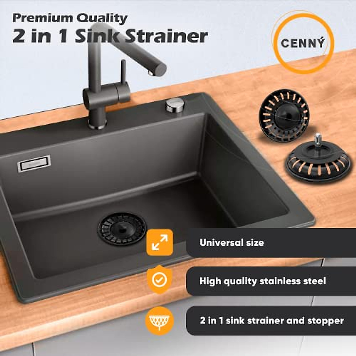 All in One New 2023 Cenný Kitchen Accessories Gift Set for Home and RV Essentials Countertop Dish Soap Dispenser with Sponge Holder Silicone Squeegee Sink Strainer & Stopper Towel Hooks Black