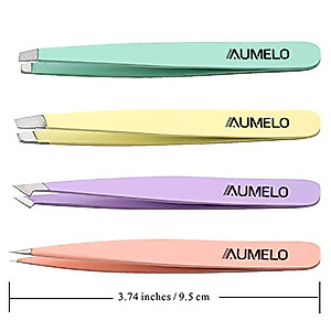 Tweezers Set 4-Piece Professional Stainless Steel Tweezers with Leather Travel Case by AUMELO - Precision Eyebrow and Splinter Ingrown Hair Removal Tweezer - MultiColor