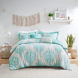 Intelligent Design Senna Comforter Set Full/Queen Size - Aqua Blue/Gray, Damask – 5 Piece Bed Sets – All Season Ultra Soft Microfiber Teen Bedding - Great For Guest Room and Girls Bedroom