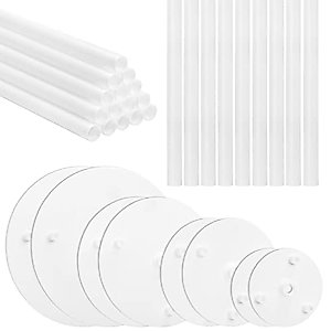 ZEAYEA 24 Pieces Cake Dowel Rods with 8 Pieces Cake Separator Plates for 4, 6, 8, 10 Inch Tiered Cakes, Plastic Cake Sticks Support Rods with Cake Board for 4 Tiered Cake Construction and Stacking