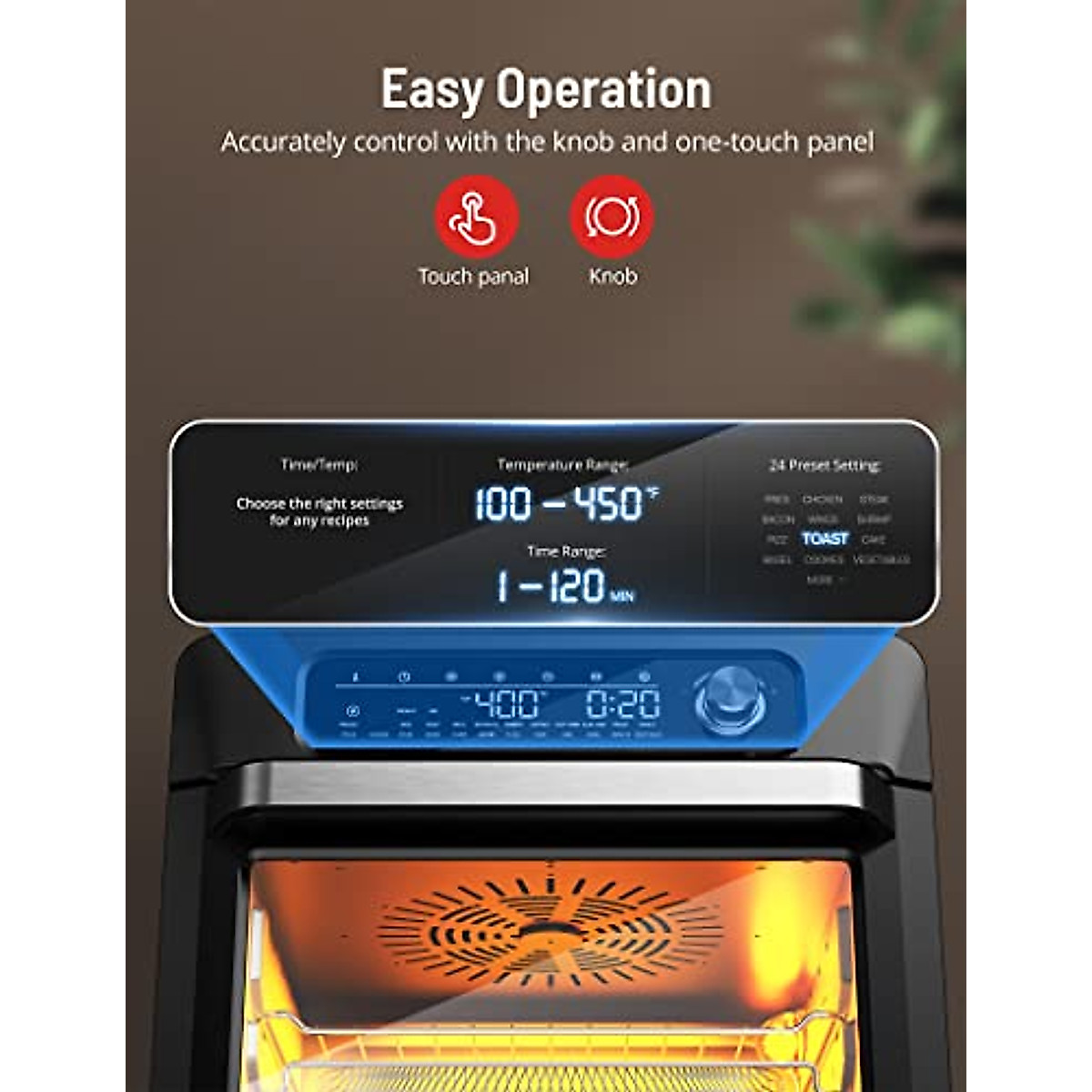 Air Fryer Toaster Oven Combo, Paris Rhône 24-in-1 Countertop Convection Ovens, 26QT Large Rotisserie Cooker with Led Digital Touchscreen, Sensitive Knob, Basket, Rack Tray, Cookbook and Magnet Menu