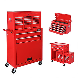 TUFFIOM 8-Drawer Rolling Tool Chest w/Lock & Key, Tool Storage Cabinet w/Wheels, Detachable Top, Drawers & Side Hooks, Mechanic Tool Organizer Box for Garage Warehouse Repair Shop, Red