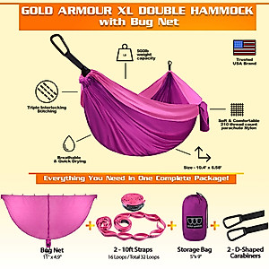 Gold Armour Camping Hammock with Bug Net - XL Double Hammock Portable Hammock Camping Accessories Gear Mosquito Bug Net Set for Outdoor Indoor, USA Based Brand (Fuchsia & Pink)