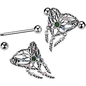 Covet Jewelry Heart Dream Catcher Shield Nipple Ring With Multi Color CZ & Surgical Steel Barbell
