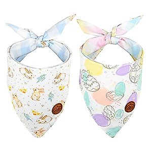 CROWNED BEAUTY Easter Dog Bandanas Large 2 Pack, Bunnies Eggs Set, Plaid Adjustable Triangle Holiday Reversible Scarves for Medium Large Extra Large Dogs Pets DB20-L