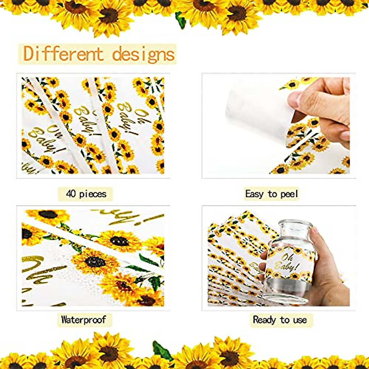 40 Pieces Sunflower Baby Shower Water Bottle Labels Floral Water Bottle Labels Waterproof Sunflower Bottle Sticker Labels for Baby Shower Gender Reveal Birthday Baby Sprinkle Party Decoration Supplies