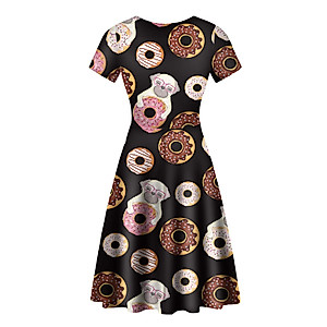 POLERO Funny Donuts Pugs Dogs Print Women Fashion Confort Midi Dress Round Neck Short Sleeve Summer Dresses Animals Puppy Pets Eat Foods Size S