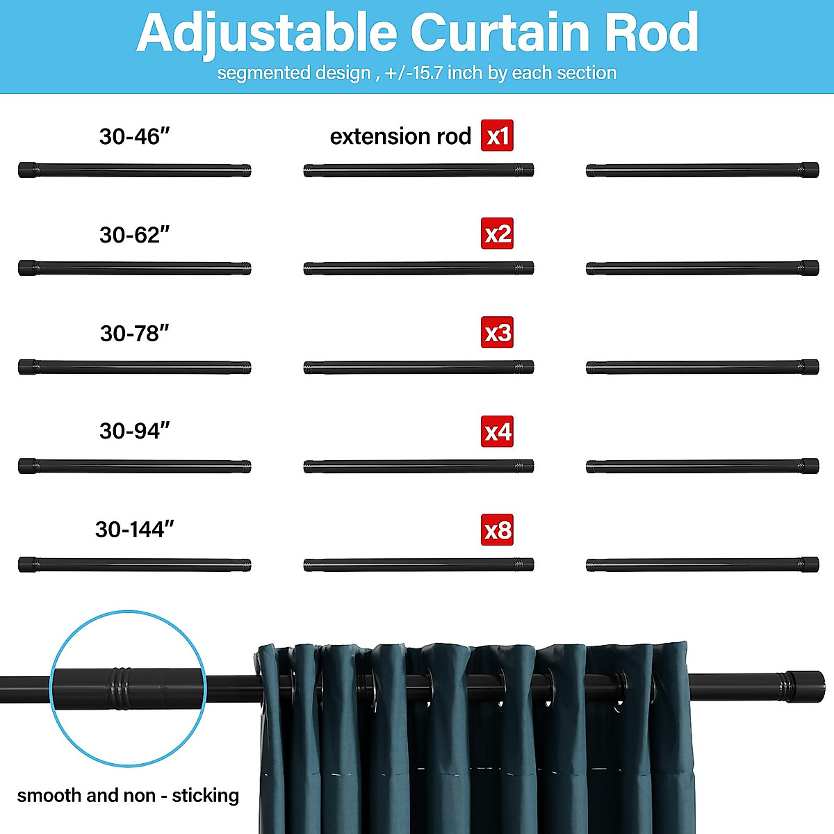 Curtain Rods for Windows 30 to 62 Inch, 1 Inch Black Curtain Rod Set, Stainless Steel Heavy Duty Drapery Rods with Adjustable Brackets for Room Divider, Bedroom, Living room, Kitchen, Bathroom, Black