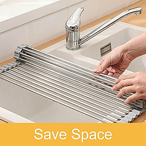 Roll Up Dish Drying Rack Expandable, Foldable Drying Rack Over The Sink for Kitchen, Silicone and Stainless Steel Dish Rack, Adjustable Dish Drainer for Kitchen Counter (19.68" x 12.91")