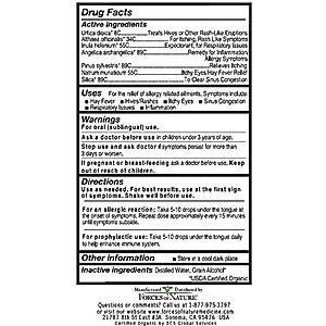 Forces of Nature Allergy Relief, Organic Maximum Strength Homeopathic Medicine, 0.34 Fl Oz, Immune Support & Multi Symptom Relief from Indoor & Outdoor Allergies, Runny Nose, Itchy Eyes, Non-Drowsy