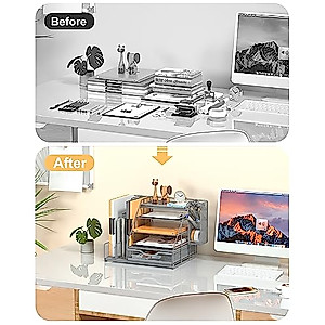VIVSOL Silver Desk Organizer and Accessories Storage with 5-Tier Paper Letter Tray, Mesh Desktop Organizer with Pen Holder and Sliding Drawers for Office, School, Home to Collect Office Supplies