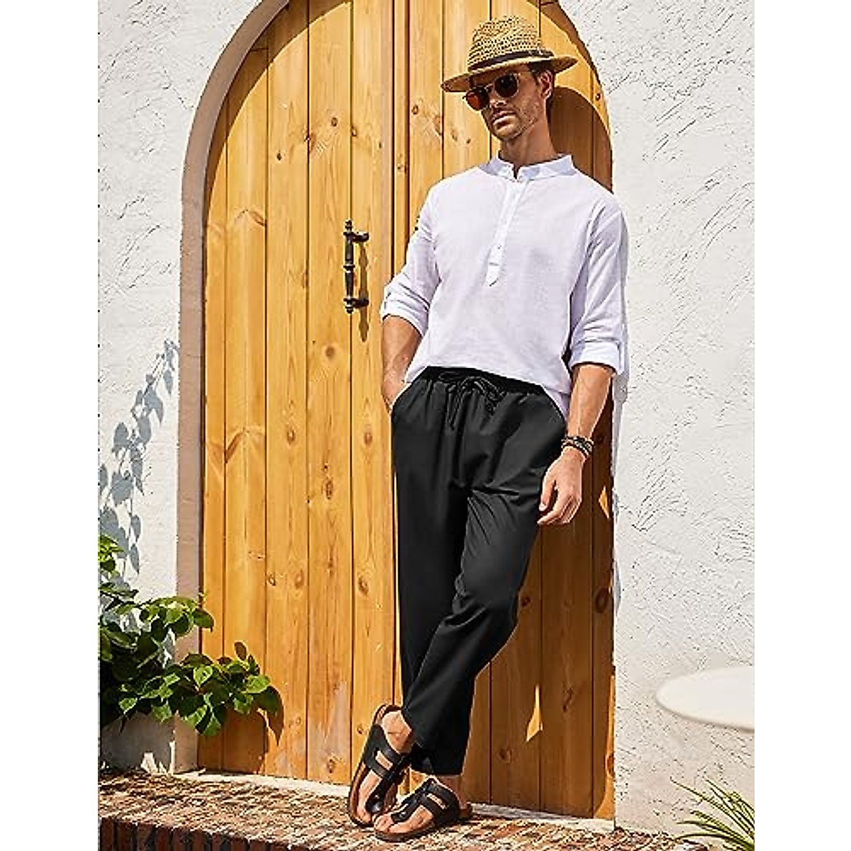 COOFANDY Mens Linen Pants Lightweight Casual Trousers Elastic Waist Yoga Beach Hippie Summer Pants Black