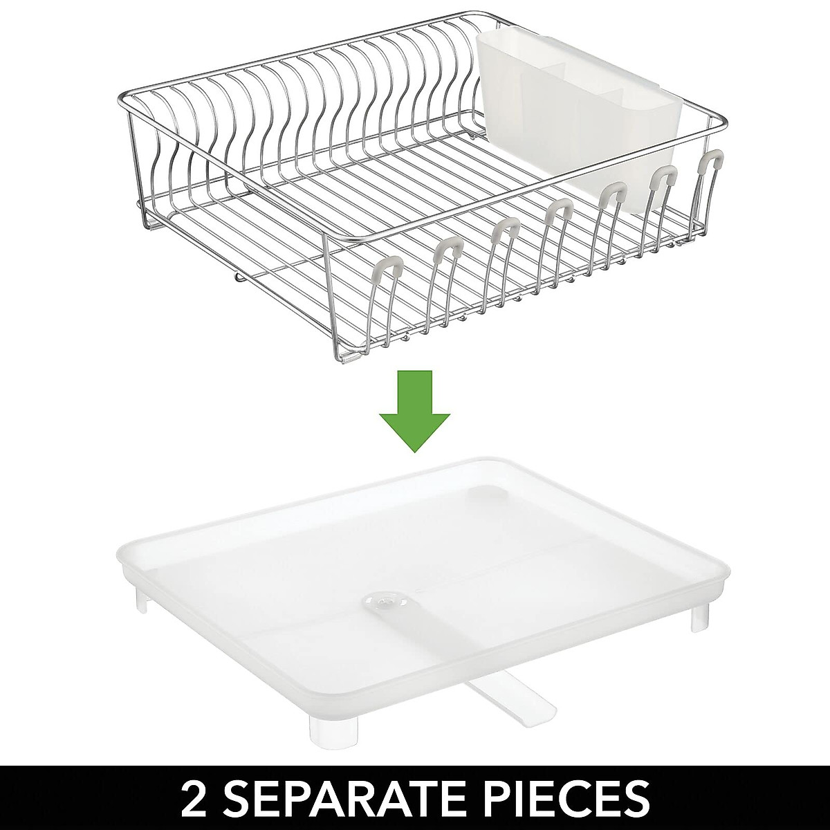 mDesign Alloy Steel Sink Dish Drying Rack Holder with Plastic Swivel Spout Drainboard Tray - Dish Rack/Dish Drainer Storage Organizer for Kitchen Counter - Concerto Collection, Chrome/Clear