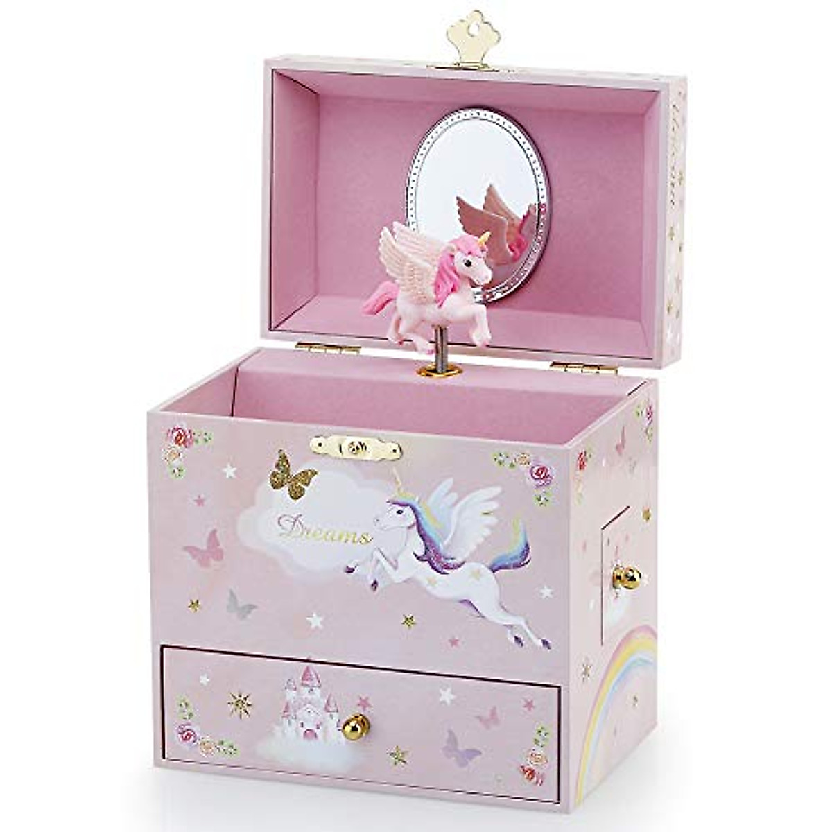 Musical Jewelry Box for Little Girls with 3 Drawers and Jewelry Set with Spinning Unicorn and Rainbow Butterfly Design - Over the Waves Tune Pink