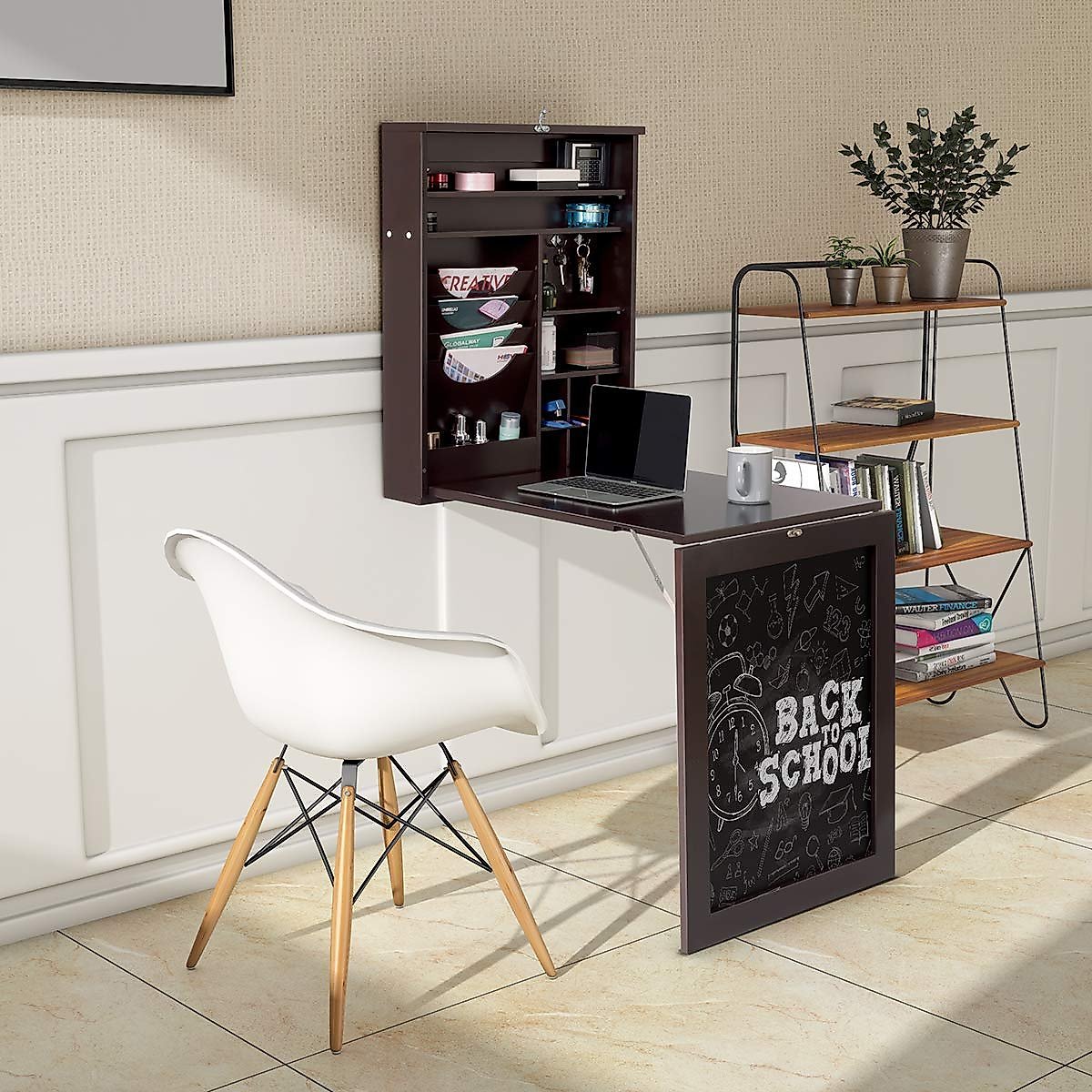 Tangkula Wall Mounted Desk, Floating Desk with Chalkboard, Space Saving Fold Up Wall Convertible Desk, Multi-Function Wall Mounted Table with Storage Shelves & Hooks（No Assembly Required）