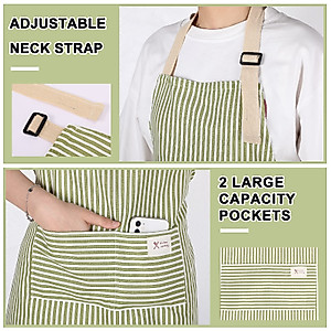 Janmercy 24 Pcs Aprons for Women Men with 2 Pockets Linen Cooking Kitchen Apron Adjustable Bib Chef Apron Bulk Aprons Unisex (Brown/Green Stripes)