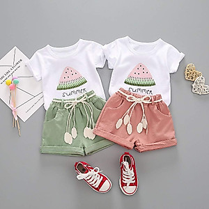 CM C&M WODRO Baby Toddler Girls Summer Shorts Sets Kids Watermelon Letter Print Tops Shorts Outfits Clothes for 1-4 Years Old (Pink, 18-24 Months(90))