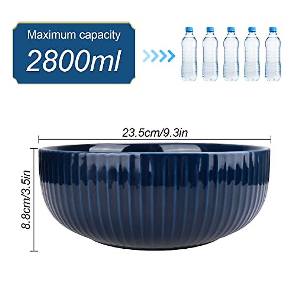 UUEMB Extra Large Salad Bowl, 2800ml Ceramic Fruit Bowl, Stylish Navy Blue Bowl Round Vertical Stripe, Soup Bowl, Serving Bowl for Salad, Fruit, Noodle, Soup(23.5x8.8cm, 95oz)
