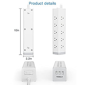 Surge Protector Power Strip 15 Outlets, TESSAN 1875W 15A Extension Cord with Multiple Outlets 6 ft, 3 USB Charging Ports, 1050J, Mountable, Flat Plug, Home Office College Dorm Room Essentials