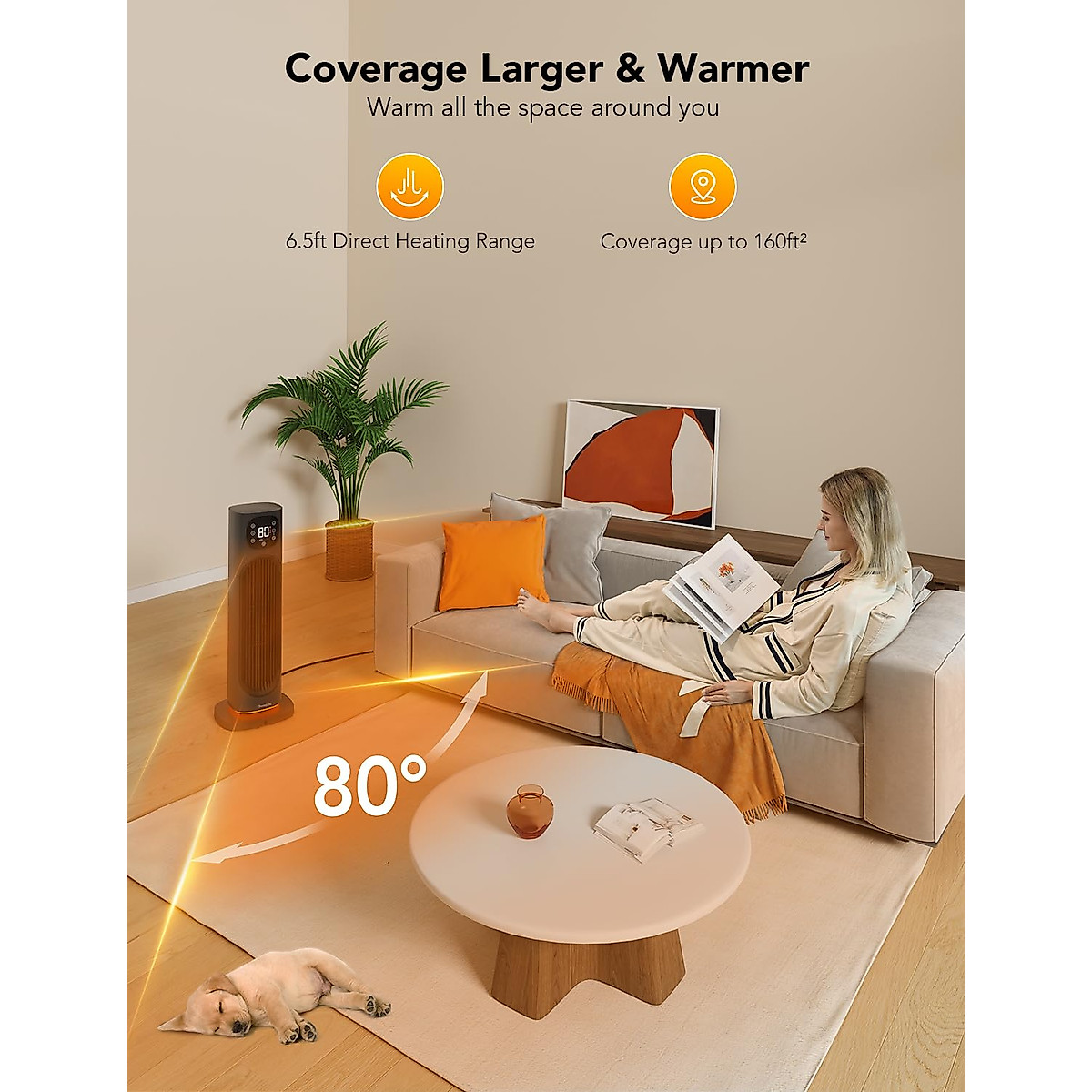 GoveeLife 24" Space Heater, 80° Oscillating Smart Electric Heater with Thermostat, WiFi APP & Voice Control, 4 Mode, 24H Timer, Night Light, 1500W Tower Ceramic Heater for Indoor Use, Large Room