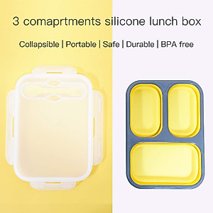 fancyfree Collapsible Silicone Benton Container, Leakproof Lunch Box with 3 Compartments, BPA Free Safe Food Storage Organizer (Yellow)