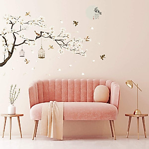 Bienstylife Peach Flower Wall Decals Tree Wall Stickers Peel and Stick Flower Wall Stickers Floral Murals for Living Room TV Background Kids Girls Room Bedroom 4 Sheets of 11.8"x35.4"