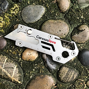 Caressolove 6-in-1 Razor Blades Utility Knife, Retractable Box Cutter, Multitool Knife with Bottle Opener, Hex Wrench, Rule, Water Compass, Cardboard Cutter Small Pocket Knife, 10 Extra Blades