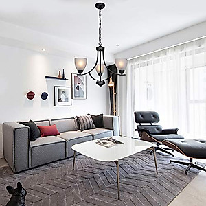 VINLUZ 3 Light Shaded Contemporary Chandeliers with Alabaster Glass Black Rustic Light Fixtures Ceiling Hanging Mid Century Modern Pendant Lighting for Bed Room Dining Room Foyer Living Room