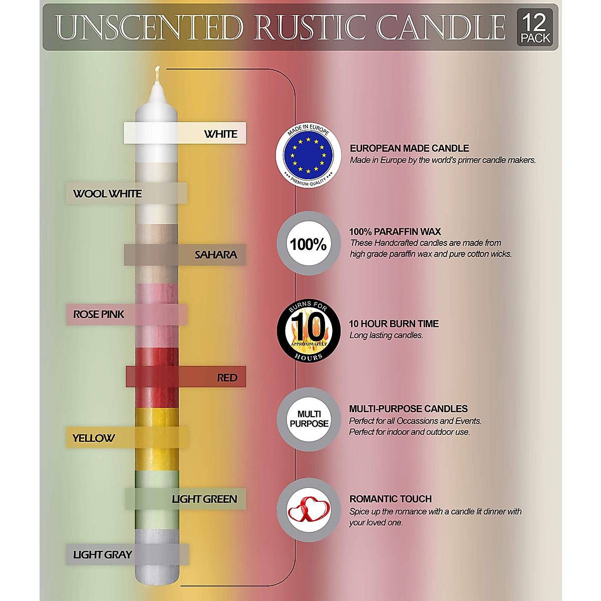 Hyoola 10 Inch Dinner Candles - 12 Pack - Light Green Tall Candles - Unscented Rustic Candles - Long Burning Candle Sticks