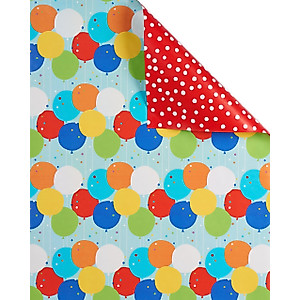 American Greetings Reversible Birthday Wrapping Paper, Stars, Polka Dots, and Balloons (3 Pack, 120 sq. ft)