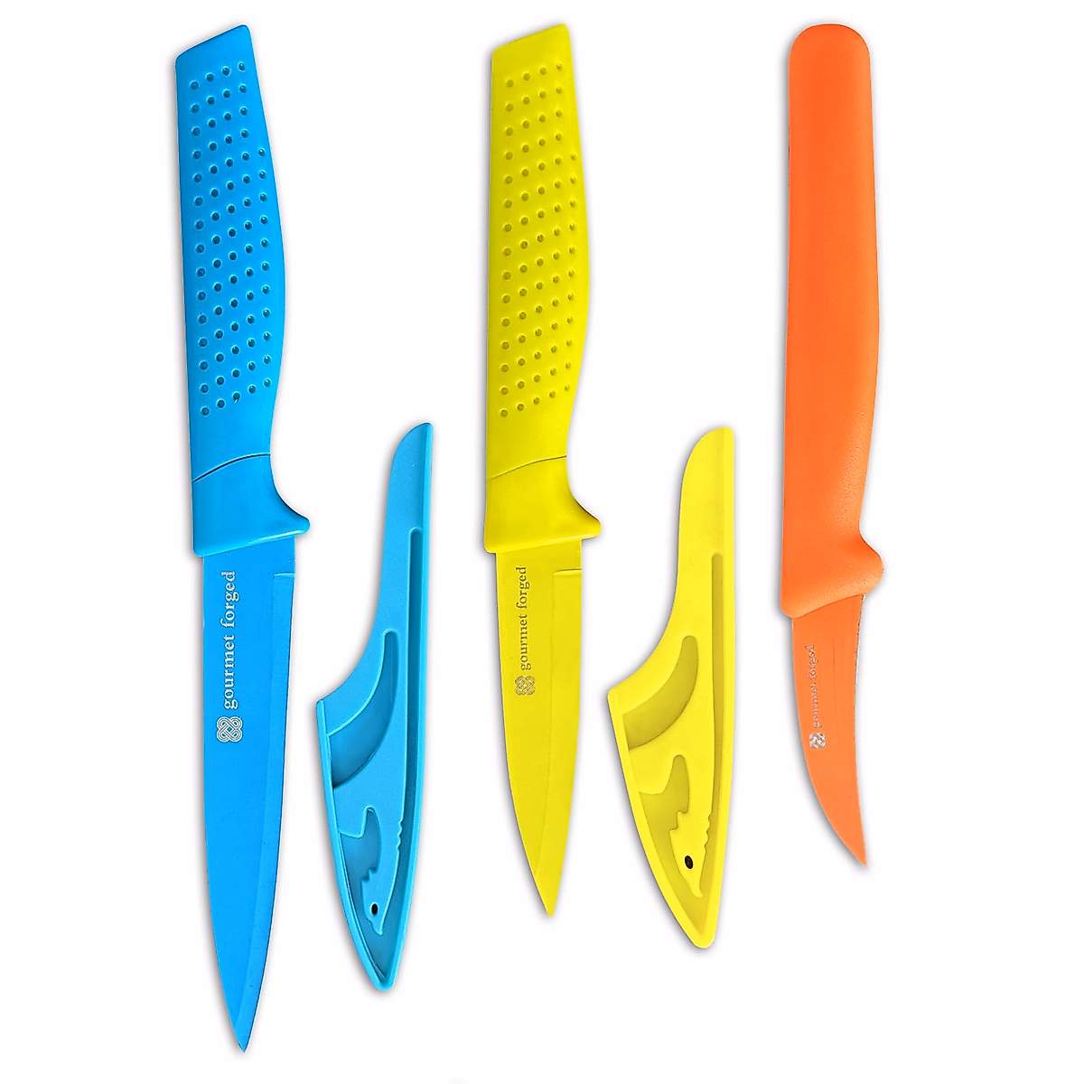 Gourmet Forged ColorSlice 3 PC Color-Coded Paring Knife Set. 5" Fruit Knife, 3.5" Paring, 3" Bird Beak Hook Peeler Curved Non Stick Dishwasher Safe Knives Sharp Stainless Steel Anti Rust