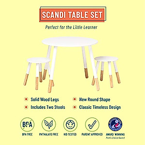 Wildkin Kids Scandi Table and Chairs for Toddlers Boys and Girls, Table Set for Kids Includes Two Matching Stools, Features Solid Wood Legs, Ideal for Homes, Daycares, and Classrooms (White/Natural)
