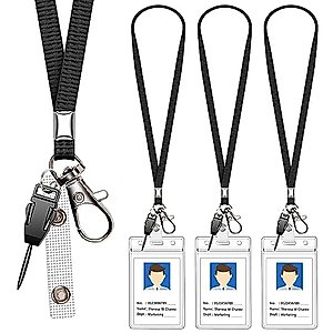 3 Pack Neck Lanyard with ID Badge Holder, Office Strap Lanyards, Stainless Metal Swivel Hook for Name Tag, Badge Holders, Keychains, Card, Black