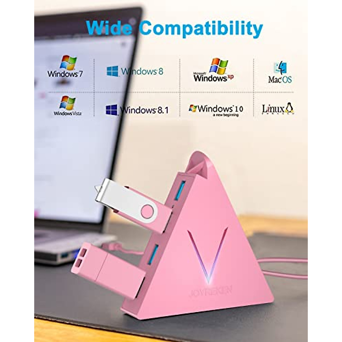 JoyReken 4-Port USB 3.0 Hub, FlyingVHUB Vertical Data USB Hub with 2 ft Extended Cable, for Mac, PC, Xbox One, PS4, PS5, iMac, Surface Pro, XPS, Laptop, Desktop, Flash Drive, Mobile HDD(Pink)