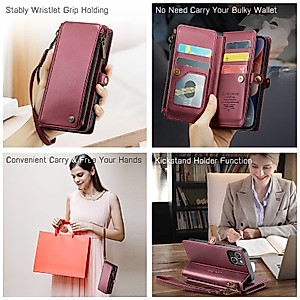 Defencase for iPhone 14 Case, RFID Blocking for iPhone 14 Wallet Case for Women Men with Credit Card Holder Slots Zipper Book Flip PU Leather Protective Cover for iPhone 14 Phone Case, Wine Red