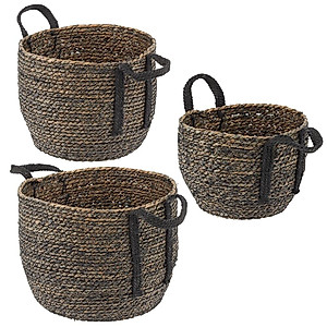 mDesign Round Braided Seagrass Woven Storage Basket with Jute Handles - Rope Weave Circle-Shaped Basket Bin for Shoe Storage in Entryway, Organizing Playroom Toys, and Laundry - Set of 3 - Black Wash