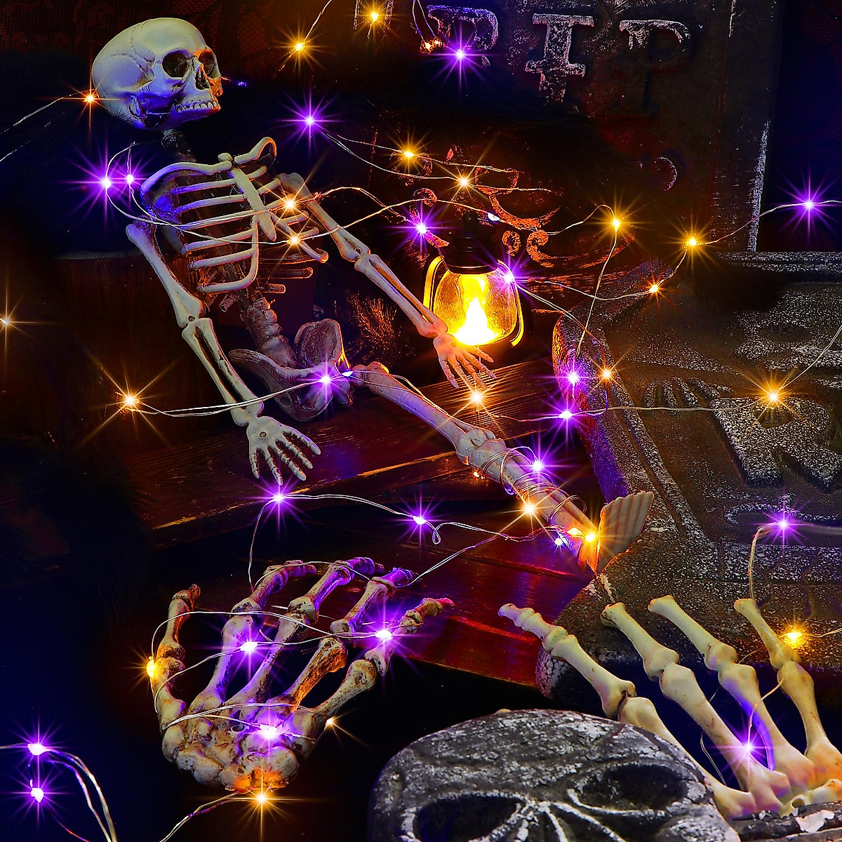 Retisee 8 Pieces Solar Orange and Purple Halloween Fairy Lights 39.37ft String Halloween Lights 120 Led 8 Modes Solar Twinkle Lights Outdoor Waterproof for DIY Balcony Patio Garden Outdoor Decorations