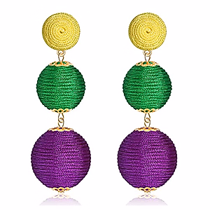 Raffia Earrings Boho Rattan Ball Earrings for Women Handmade Rattan Dangle Drop Earrings Summer Beach Long Earrings Holiday Accessory Gifts (Mardi Gras Color)