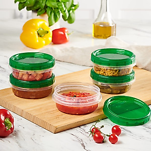 PLASTICPRO 6 Pack Twist Cap Food Storage Containers with Green Screw on Lid- 8 oz Reusable Meal Prep Containers - Freezer and Microwave Safe Green Plastic Food Storage