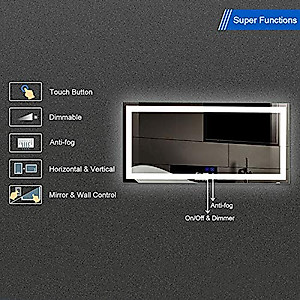 DP Home Makeup Wall-Mounted Mirrors, LED Backlit Frameless Wall Mirror, HotelBathroom Vanity Mirror with Touch Button, Anti Fog, Dimmable, Vertical & Horizontal Mount, 60 x 28 in (E-CK010-CG)