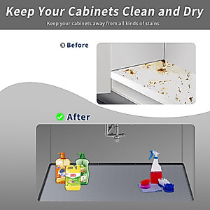 Under Kitchen Sink Mat 31" x 22", SAZTEAY Waterproof Silicone Under Sink Tray, Under Sink Protector Mat for Bathroom and Kitchen Cabinets(Grey)