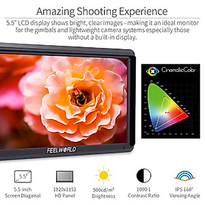 FEELWORLD S55 5.5 inch Camera DSLR Field Monitor Small Full HD 1920x1152 IPS LUT Video Peaking Focus Assist with 4K HDMI 8.4V DC Input Output Include Tilt Arm